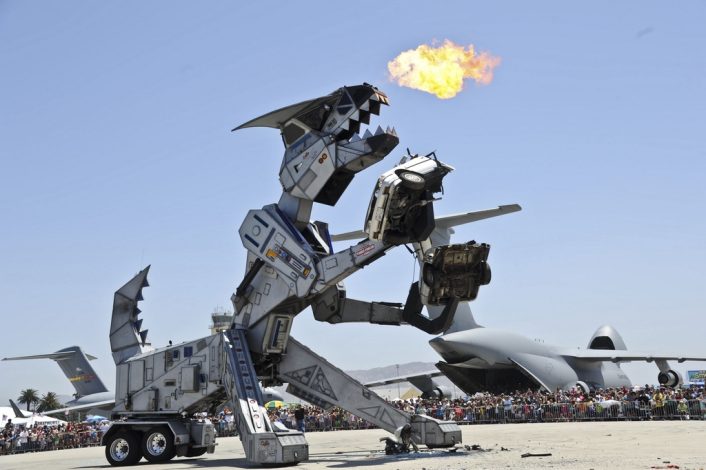 Robosaurus breathing fire among C-17 and C-5 cargo planes at March Air ...
